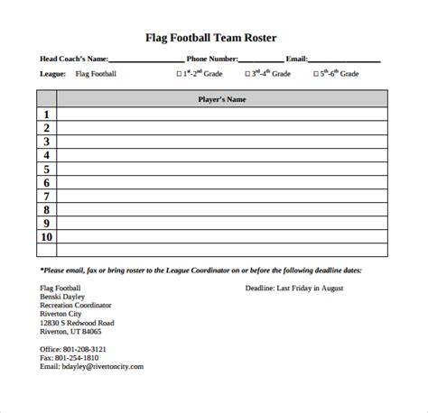 Football Printable Roster Sheet Football Roster Template Youth