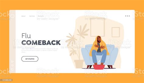 독감 및 인플루엔자 질병 증상 랜딩 페이지 템플릿 아픈 남자 는 격자 무늬로 덮여 소파에 앉아 발을 날아 감기와 독감에 대한 스톡 벡터 아트 및 기타 이미지 Istock