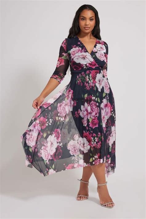 Yours London Plus Size Navy Blue Lace Wrap Ruffle Midi Dress Yours Clothing
