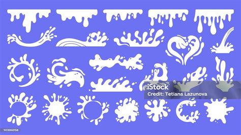 만화 우유 얼룩 떨어지는 우유 방울 모양 요구르트 액체 얼룩과 스플래쉬의 식료품 로고 다양한 모양의 둥근 스패터 벡터 화이트 잉크 컬렉션 건강한 식생활에 대한 스톡 벡터