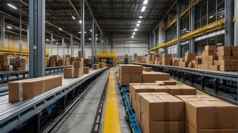 Conveyor System And Packages Inside A Large Warehouse Premium Ai