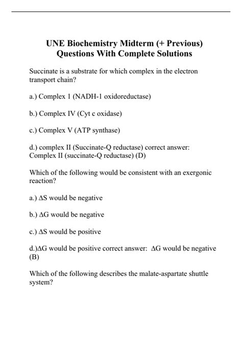 Une Biochemistry Midterm Previous Questions With Complete Solutions