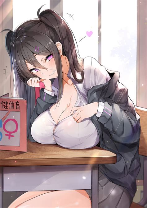 Rule 34 1futa Big Breasts Black Hair Blush Breast Rest Cleavage Desk