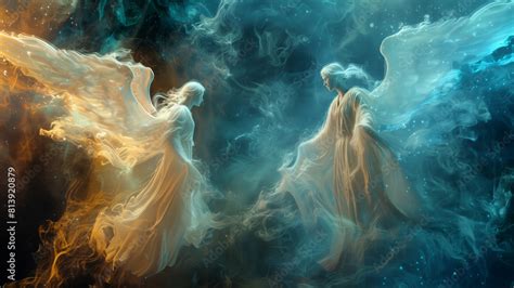 Ethereal Dance Of Two Angelic Figures In A Mystical Blue And Orange