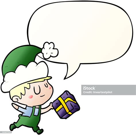 만화 해피 크리스마스 엘프는 부드러운 그라데이션 스타일의 말풍선과 함께 선물 귀여운에 대한 스톡 벡터 아트 및 기타 이미지 귀여운 그늘 그라데이션 Istock