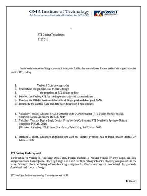 Hand Out Of Rtl Coding Techniques 2023 24 Pdf Hardware Description Language Digital