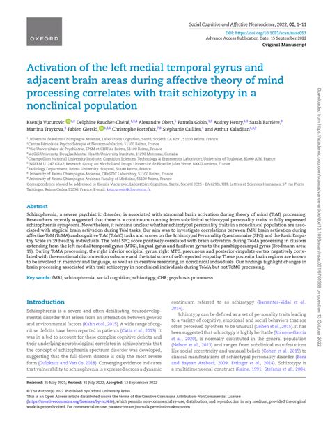 Pdf Activation Of Left Medial Temporal Gyrus And Adjacent Brain Areas During Affective Theory