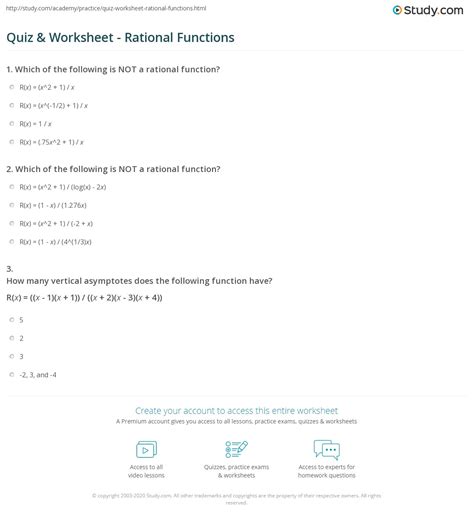 Quiz And Worksheet Rational Functions