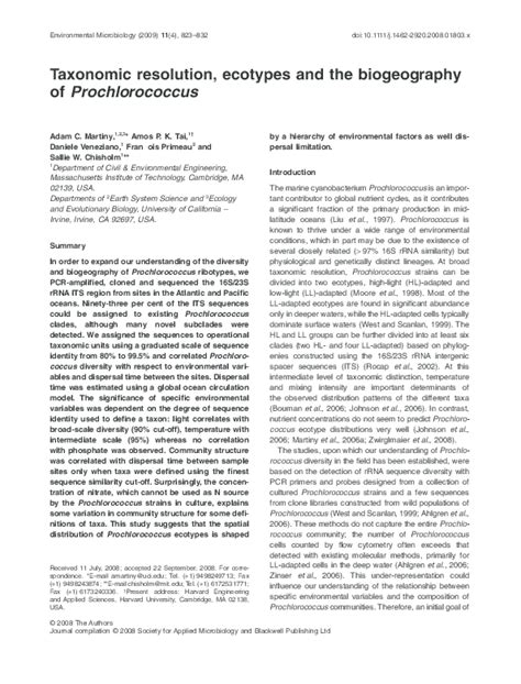 Pdf Taxonomic Resolution Ecotypes And The Biogeography Of Prochlorococcus