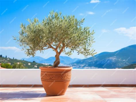 Premium Photo Olive Tree In Terra Cotta Clay Pot On White Terrace