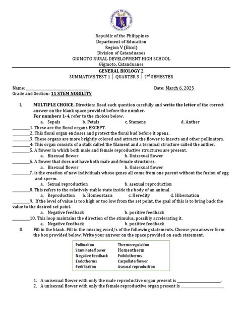 General Biology 2 Q3 Summative Test 1 Pdf Flowers Reproduction