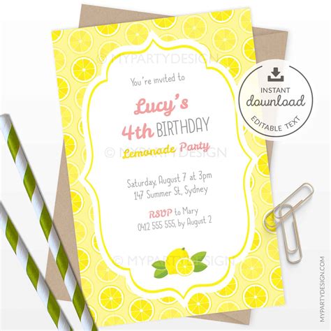 Lemonade Birthday Invitation Printable Invite My Party Design