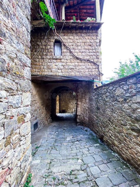 Narrow Cobblestone Pathway Winding Beneath Stone Archway Bordered By