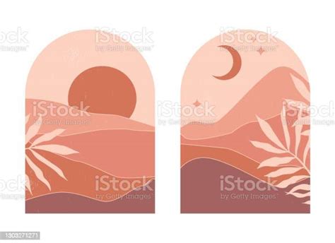 자연 소박한 색조 테라코타 베이지색으로 미학적이고 미니멀한 중반 세기 스타일로 태양과 달이 있는 석양의 아치형 산악 경관 추상적