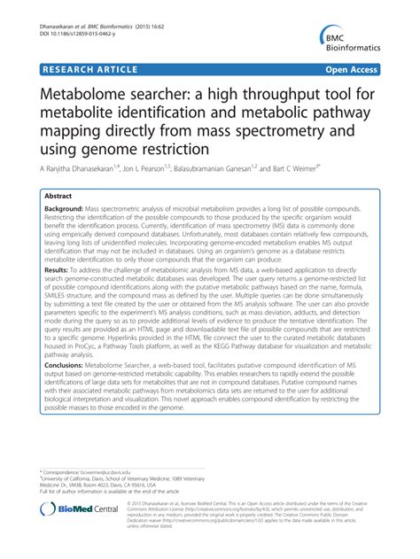 Pdf Metabolome Searcher A High Throughput Tool For Metabolite