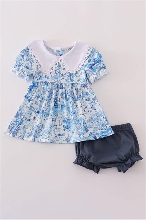 Abby And Evie Girls Boutique Blue Willow Floral Toile Print Bloomer 2