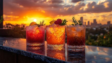 Sunset Cocktails On Rooftop Terrace With City Skyline Premium Ai