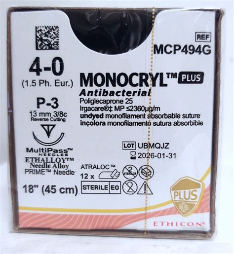 New Ethicon Mcp494g 4 0 18 Monocryl Plus Antibacterial Irgacare Mp
