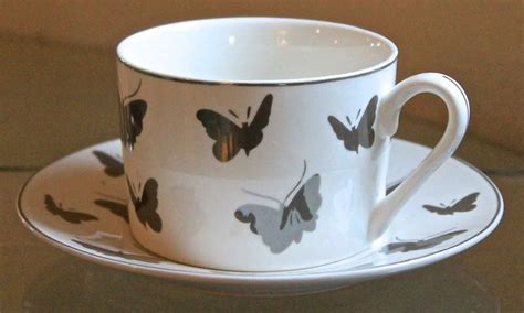 Graces Teaware Flat Teacup And Saucer Silver Metallic Butterflys New