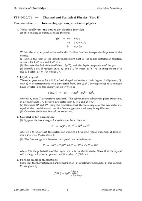 Tsp Problem Sheet 4 University Of Cambridge Cavendish Laboratory Tsp 202021 — Thermal And