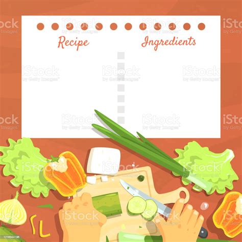 식사 준비 건강 한 신선한 요리 재료 벡터 일러스트에 대 한 메모를 만들기 위한 조리법 빈 카드 또는 시트 템플릿 그릇에 대한 스톡 벡터 아트 및 기타 이미지 Istock