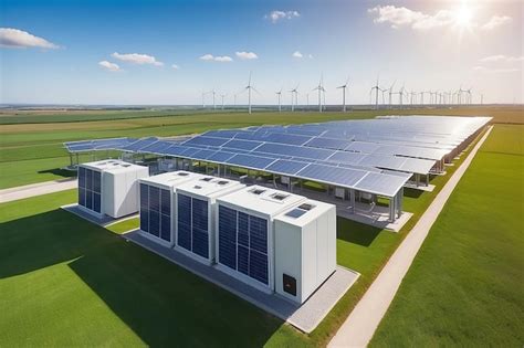 Premium Photo Modern Battery Energy Storage System With Wind Turbines And Solar Panel Power