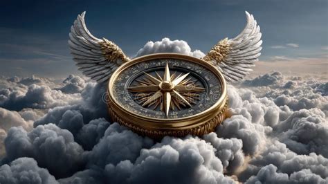 A Golden Compass With Angel Wings Floats Amidst Fluffy Clouds