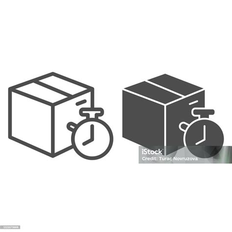 시계 라인과 단단한 아이콘 배달 및 물류 기호 판지 소포 상자와 흰색 배경에 스톱워치 벡터 기호 빠른 배달 서비스 아이콘 개요와 골판지 패키지 벡터 그래픽 10에 대한 스톡