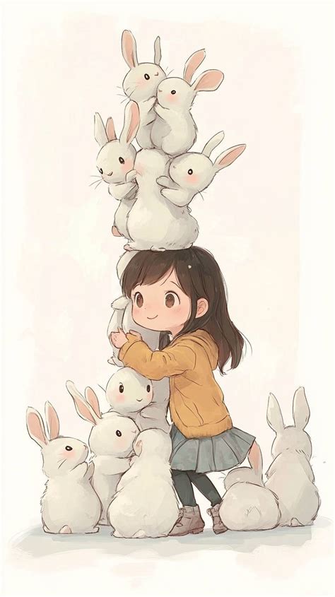 一个可爱的女孩正在堆叠 Chibi 兔子。