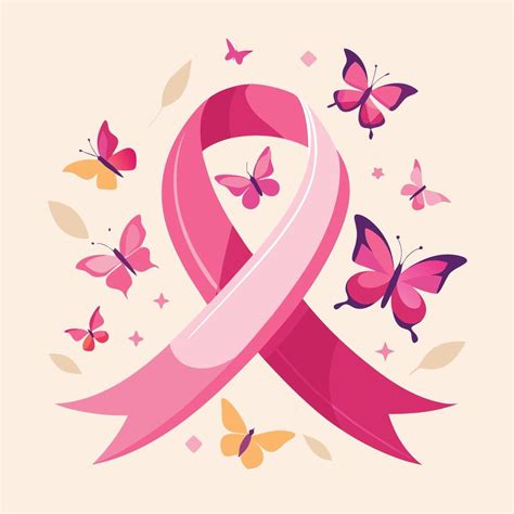 Breast Cancer Awareness Ribbon With Butterflies And Flowers