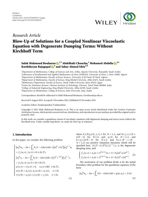 Pdf Blow Up Of Solutions For A Coupled Nonlinear Viscoelastic Equation With Degenerate Damping