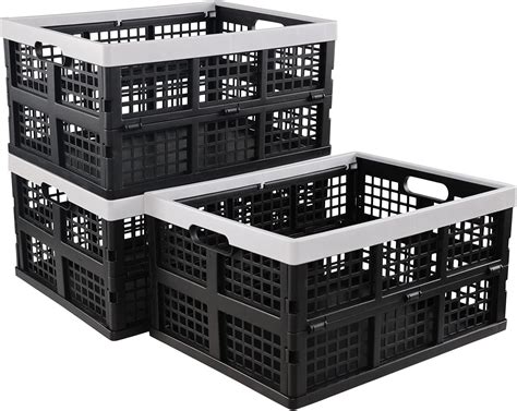 Ikando 3 Packs 30 L Black Foldable Crate Plastic Collapsible Storage