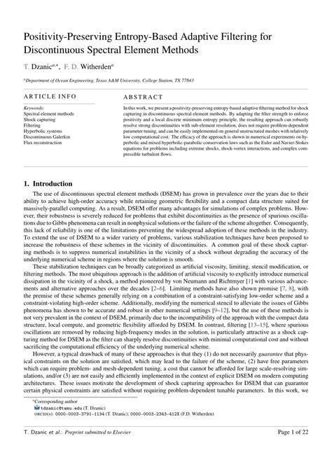 Pdf Positivity Preserving Entropy Based Adaptive Filtering For Discontinuous Spectral Element