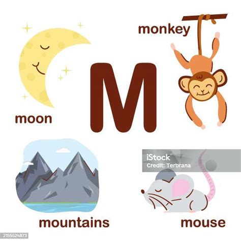 유치원 영어 알파벳 M 문자 달 산 쥐 원숭이 화려한 스타일의 알파벳 디자인 어린이를 위한 교육 포스터입니다 놀고 배우세요