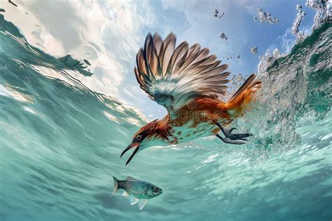 Half Underwater Bird Diving For Fish Dynamic Nature Moment Stock