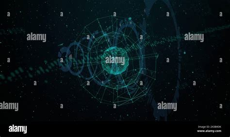 Image Of Graphs And Connected Dots Around Globe In Loading Circles Over Black Background Stock