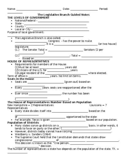 Government The Legislative Branch Guided Notes Tpt