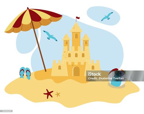 샌드캐슬 온 더 비치 컨셉 여름 벡터 일러스트 레이 션 플랫 스타일 모래성 구조물에 대한 스톡 벡터 아트 및 기타 이미지