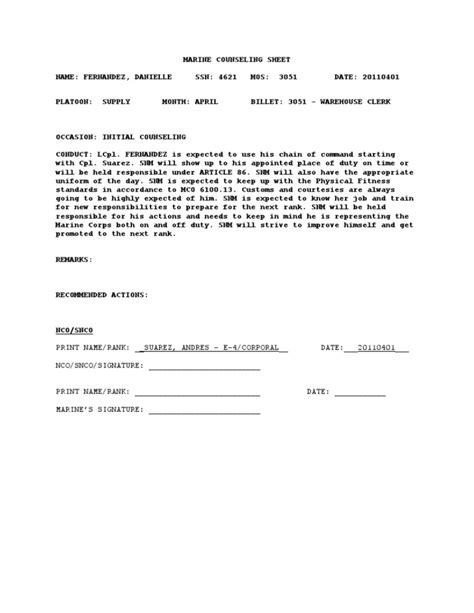 USMC Counseling Outline PDF United States Marine Corps Non Worksheets Library