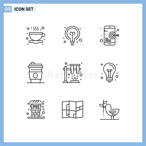 Pictogram Set Of 9 Simple Outlines Of Creative Space Target Science Drink Stock Vector