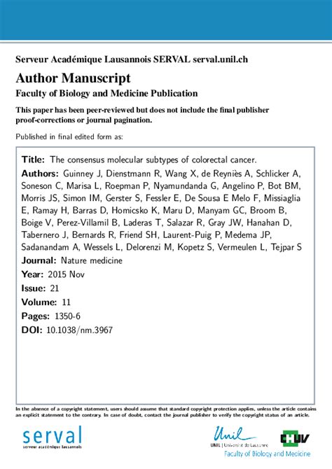 Pdf The Consensus Molecular Subtypes Of Colorectal Cancer Sarah Gerster