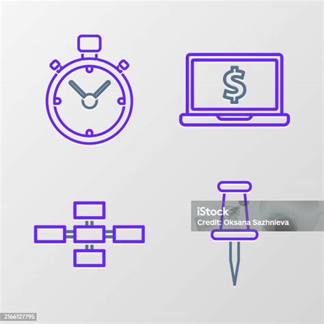 세트 라인 푸시 핀 비즈니스 계층 구조 조직도 차트 인포그래픽 달러 기호가 있는 노트북 및 스톱워치 아이콘 벡터 개념에 대한 스톡 벡터 아트 및 기타 이미지 Istock