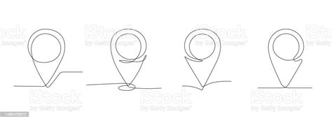 지도 핀의 연속 단일 선 그리기 편집 가능한 획 선형 스타일 여행 개념에 대한 Gps 탐색 포인터입니다 흰색 배경에 한 라인 맵 핀의 컬렉션입니다 낙서 벡터 그림입니다