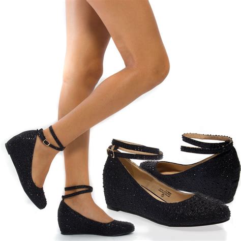 Women Black Ankle Strap Mary Jane Rhinestone Wedge Low Heel Pump Party Shoes 9 Clothing Shoes