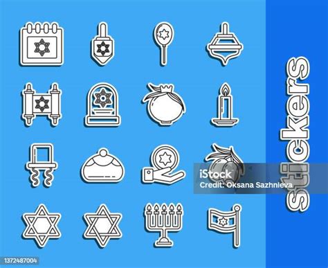 이스라엘의 세트 라인 플래그 올리브 가지 촛대에 불타는 촛불 스타 데이비드와 리본 풍선 묘비 토라 스크롤 유대인 달력과 석류 아이콘 벡터 0명에 대한 스톡 벡터 아트 및