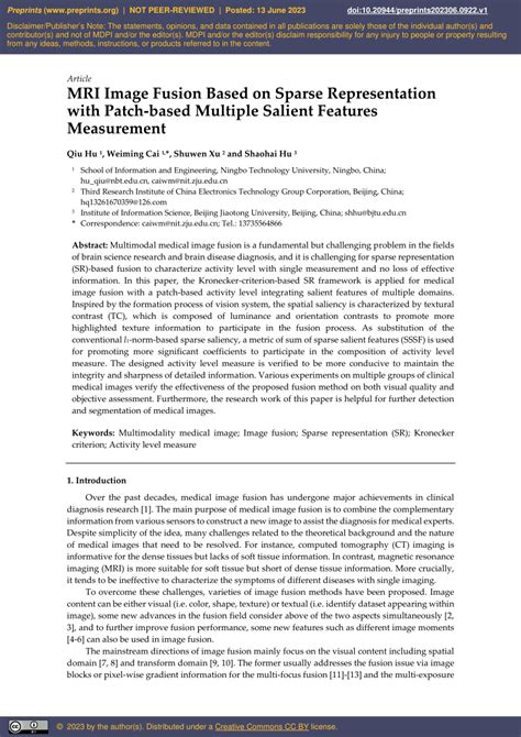 PDF MRI Image Fusion Based On Sparse Representation With Patch Based