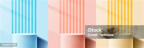 파란색 노란색 및 주황색 파스텔 컬러 3d 실린더 연단 받침대 장식 선 패널 패턴 최소 벽 장면 배경에 창 조명 세트 3차원 형태에 대한 스톡 벡터 아트 및 기타 이미지