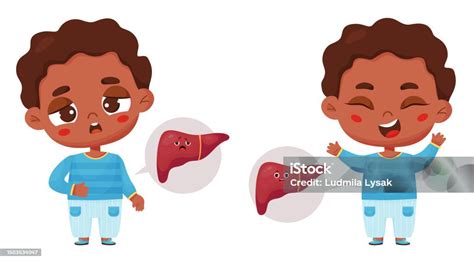 컬렉션 귀여운 흑인 민족 소년은 간 내부 장기 특성을 가지고 아프고 건강합니다 만화 스타일의 벡터 그림입니다 의료 테마의 디자인과 장식의 어린이 컬렉션입니다 간 내부 기관에
