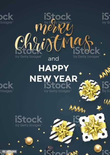 메리 크리스마스와 새 해 복 많이 인사말 카드 벡터 배경 템플릿 골든 서 텍스트의 크리스마스 선물 골든 리본 및 프리미엄 블랙에 골드 반짝이 색종이 공 장식 벡터 0명에
