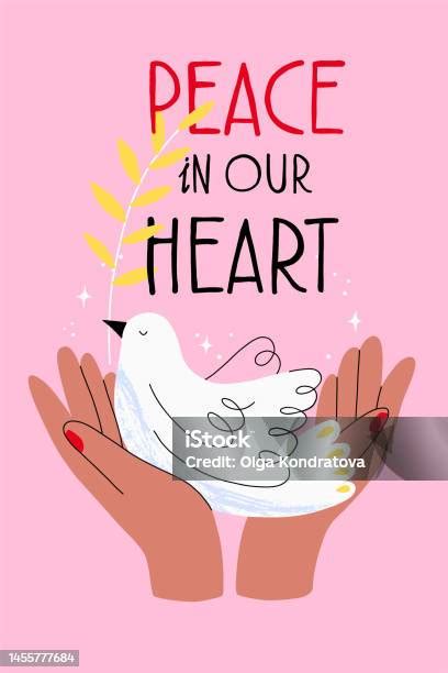 비둘기를 손에 들고 있는 세계 평화의 날 엽서의 개념 상징 전쟁 없음 세계 평화의 날 평등 및 사랑의 포스터 배너 슬로건 티셔츠 카드 등의 배경 손으로 그린 벡터 그림입니다